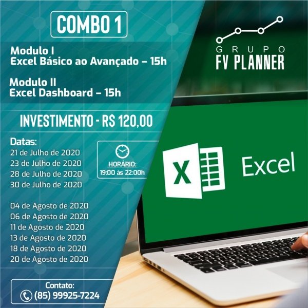 Combo 1: Modulo I Excel Básico ao Avançado + Modulo II Excel Dashboard ...