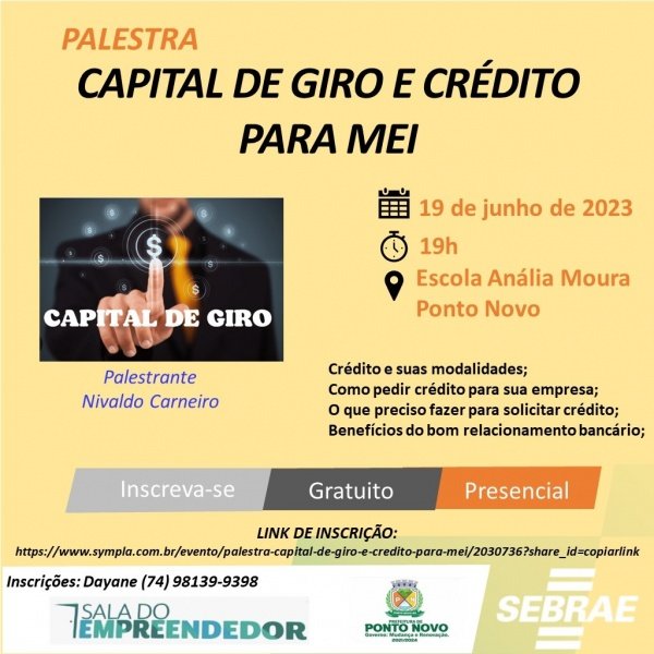 PALESTRA CAPITAL DE GIRO E CRÉDITO PARA MEI em Ponto Novo - Sympla