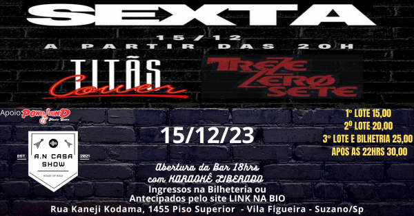 TITÃS COVER & TREZE ZERO SETE em Suzano - Sympla