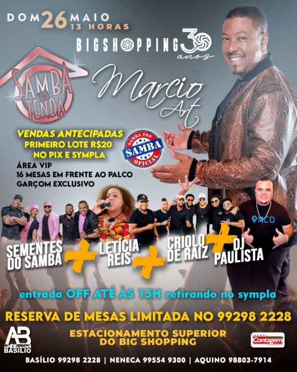 Márcio ART Ao vivo no SAMBA na Tenda no BigSHOPPING em Contagem - Sympla