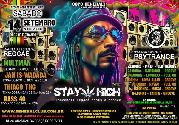 CCPC SABADO 14/09 -ESPECIAL STAY HIGH - REGGAE E TRANCE das 22h as 5h ...