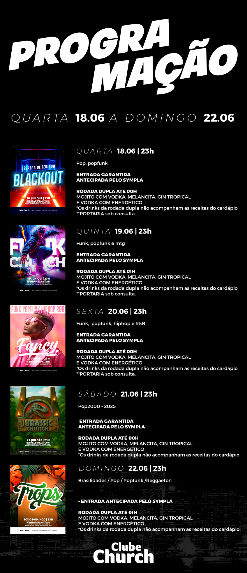 Clube Church de Quarta 18/06 a Domingo 22/06 em Belo Horizonte - Sympla